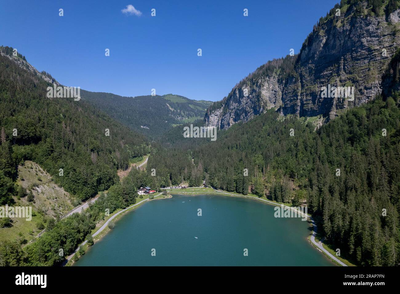 360 degrees panorama of Lac Montriond seen from above. Aerial of French ...