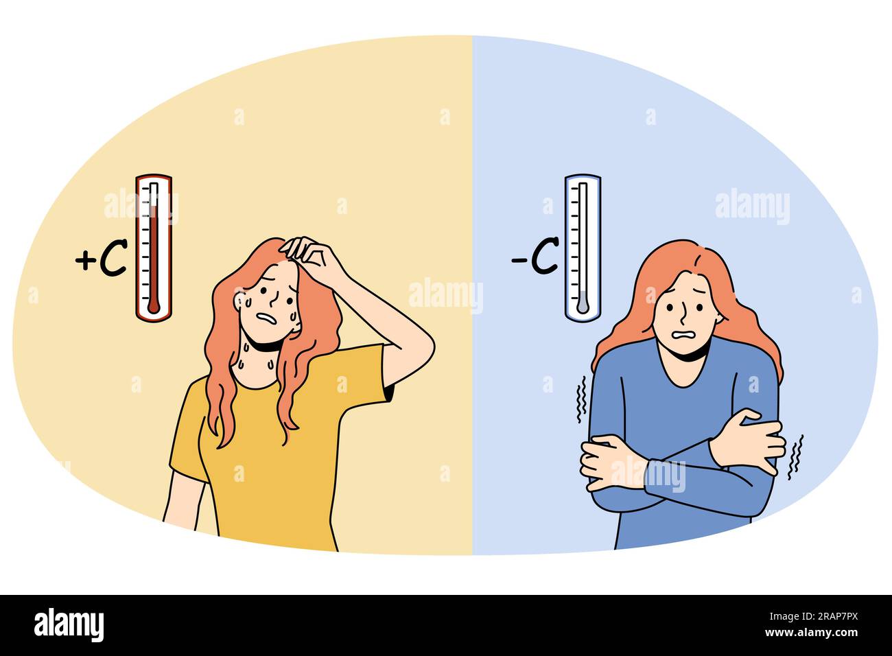 Young woman suffer from cold and hot weather. Unhappy unwell girl ...