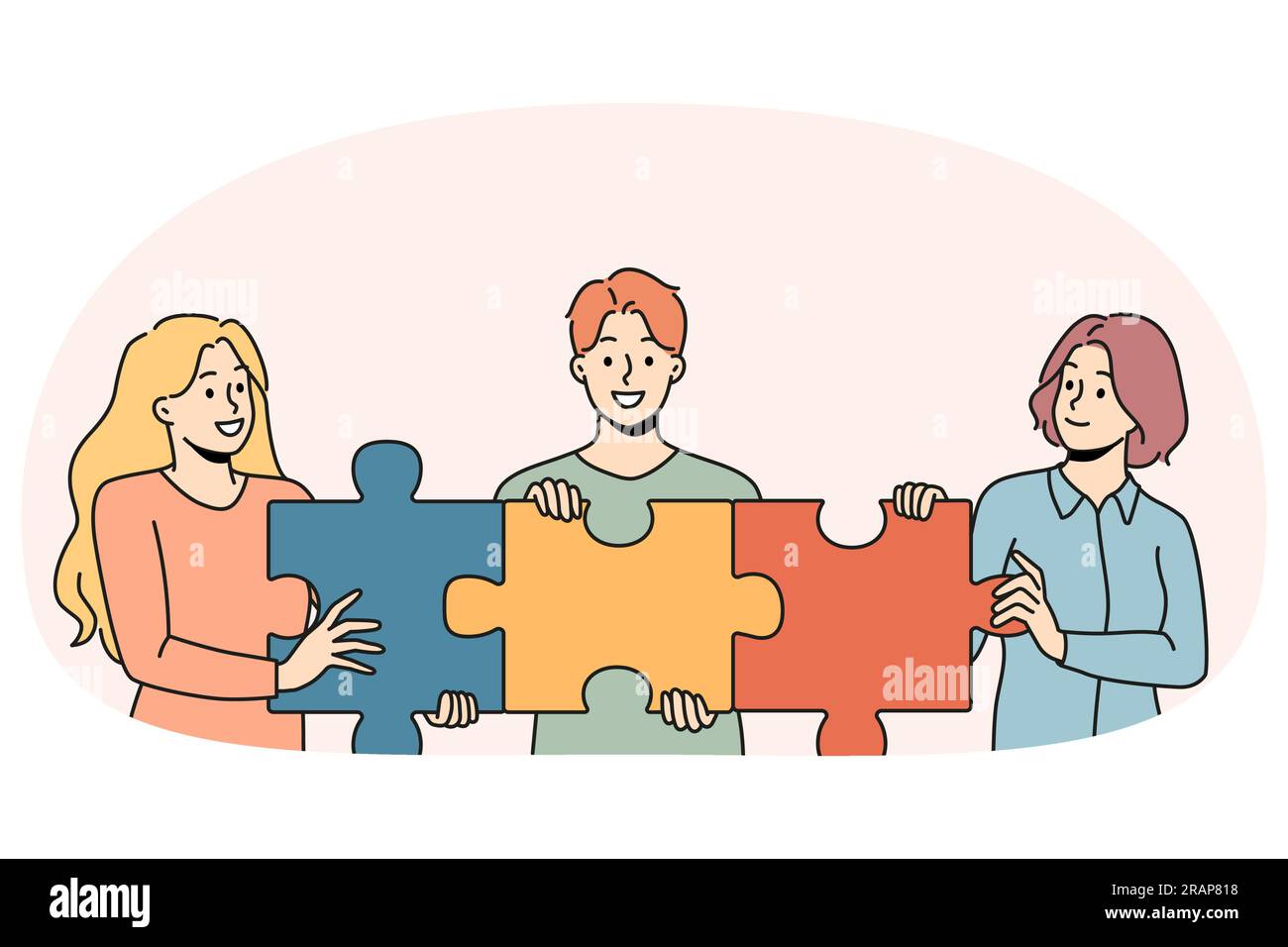 Happy people connect jigsaw puzzle together show shared business goal ...