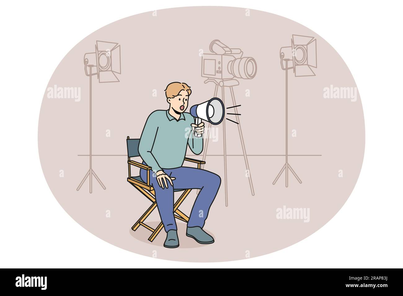 Film producer sitting on chair screaming in megaphone at shooting. Man ...