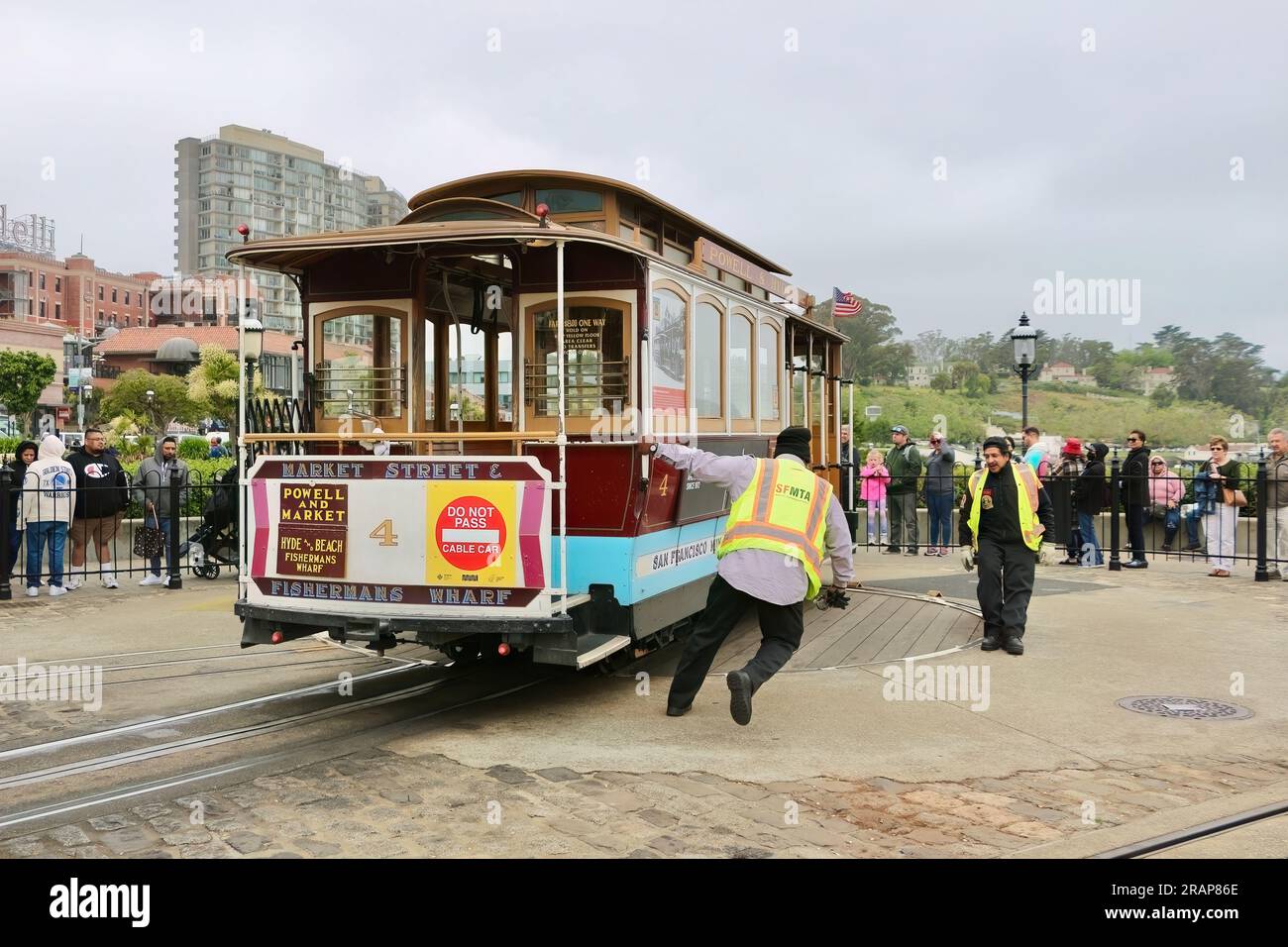 Antique cable car being pushed round at the Powell/Hyde Cable Car ...