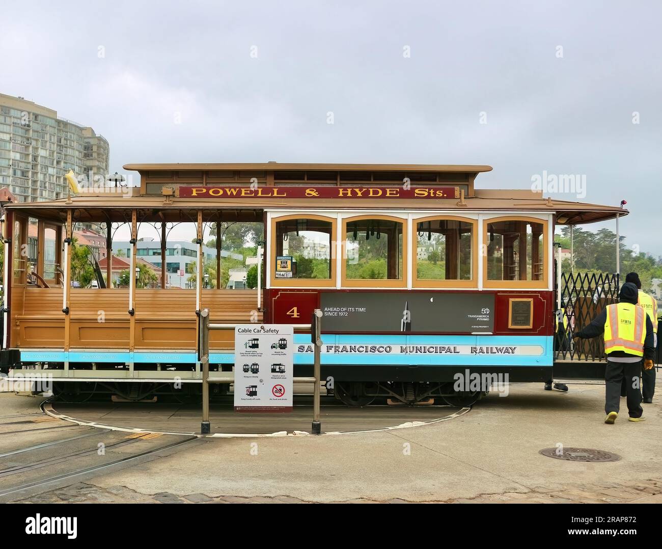 Antique cable car being pushed round at the Powell/Hyde Cable Car ...