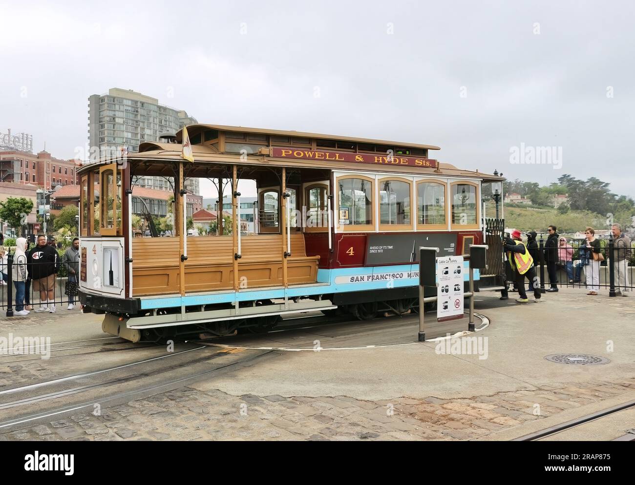 Antique cable car being pushed round at the Powell/Hyde Cable Car ...