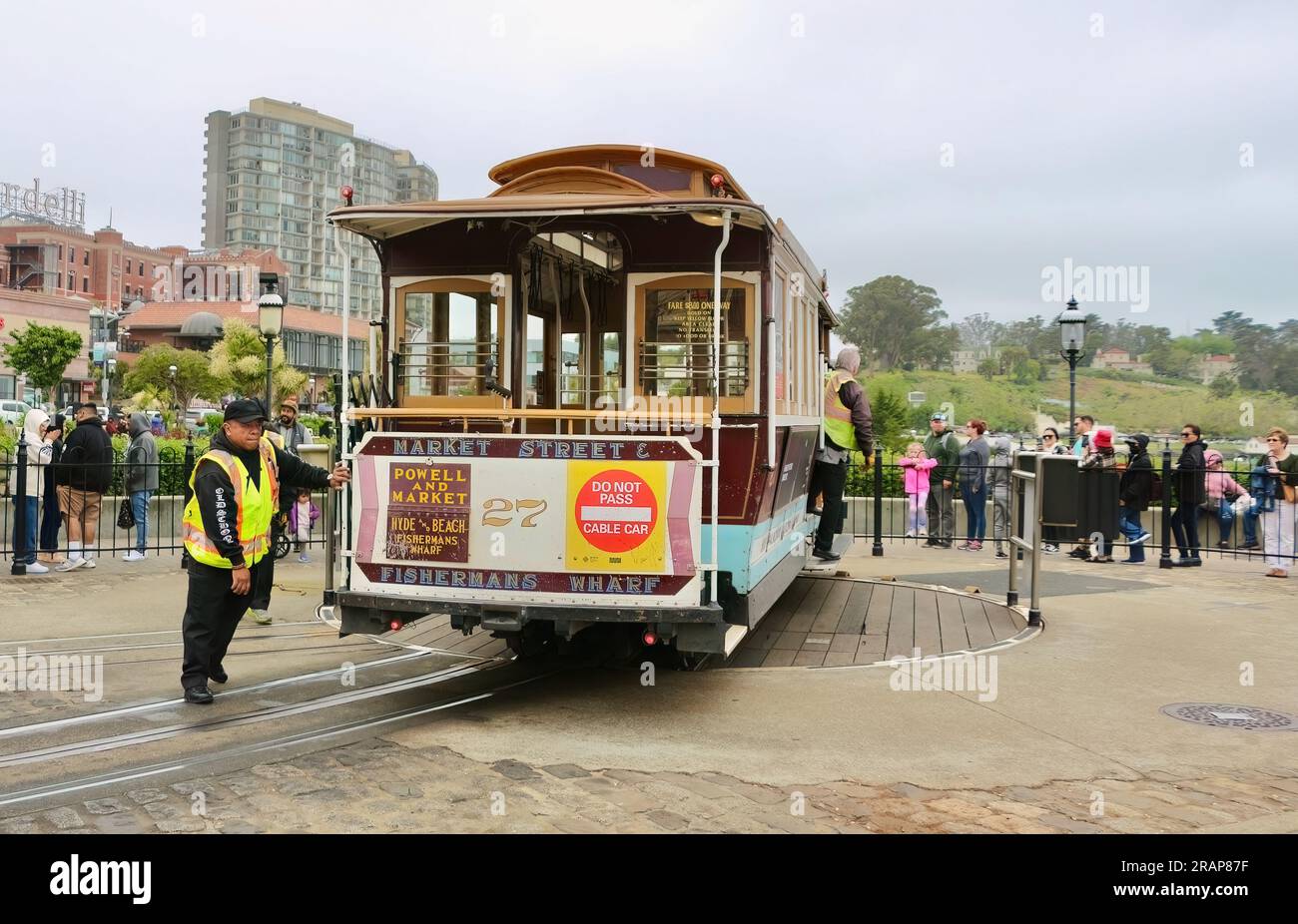 Antique cable car being pushed round at the Powell/Hyde Cable Car ...