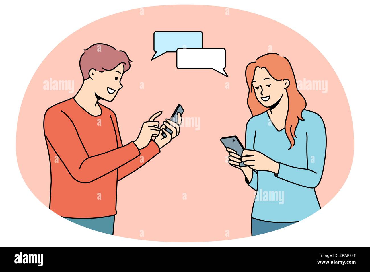 Happy man and woman chatting texting online on smartphones. Smiling ...