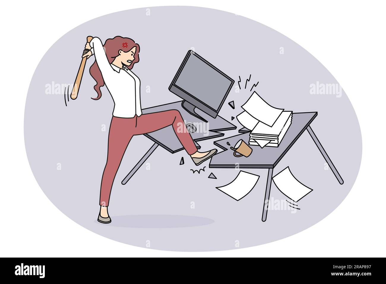 Angry woman employee crash office table suffer from nervous breakdown ...