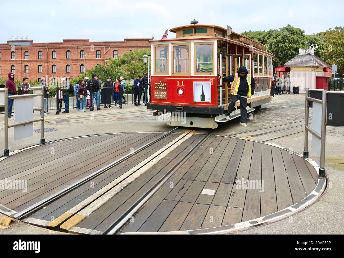Antique cable car being pushed round at the Powell/Hyde Cable Car ...