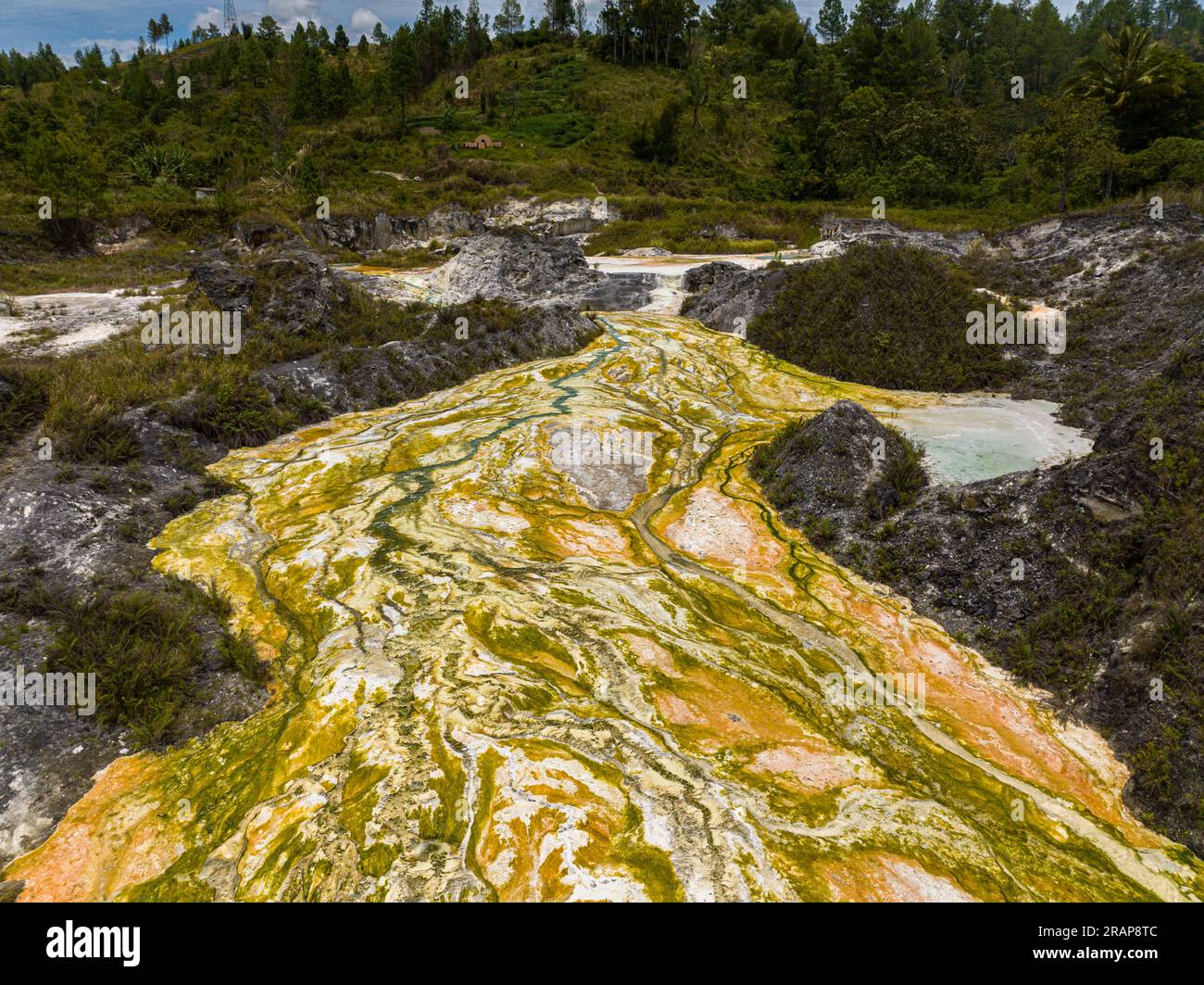 Aerial drone of hot boiling sulphur river and springs in Sipoholon Hot ...