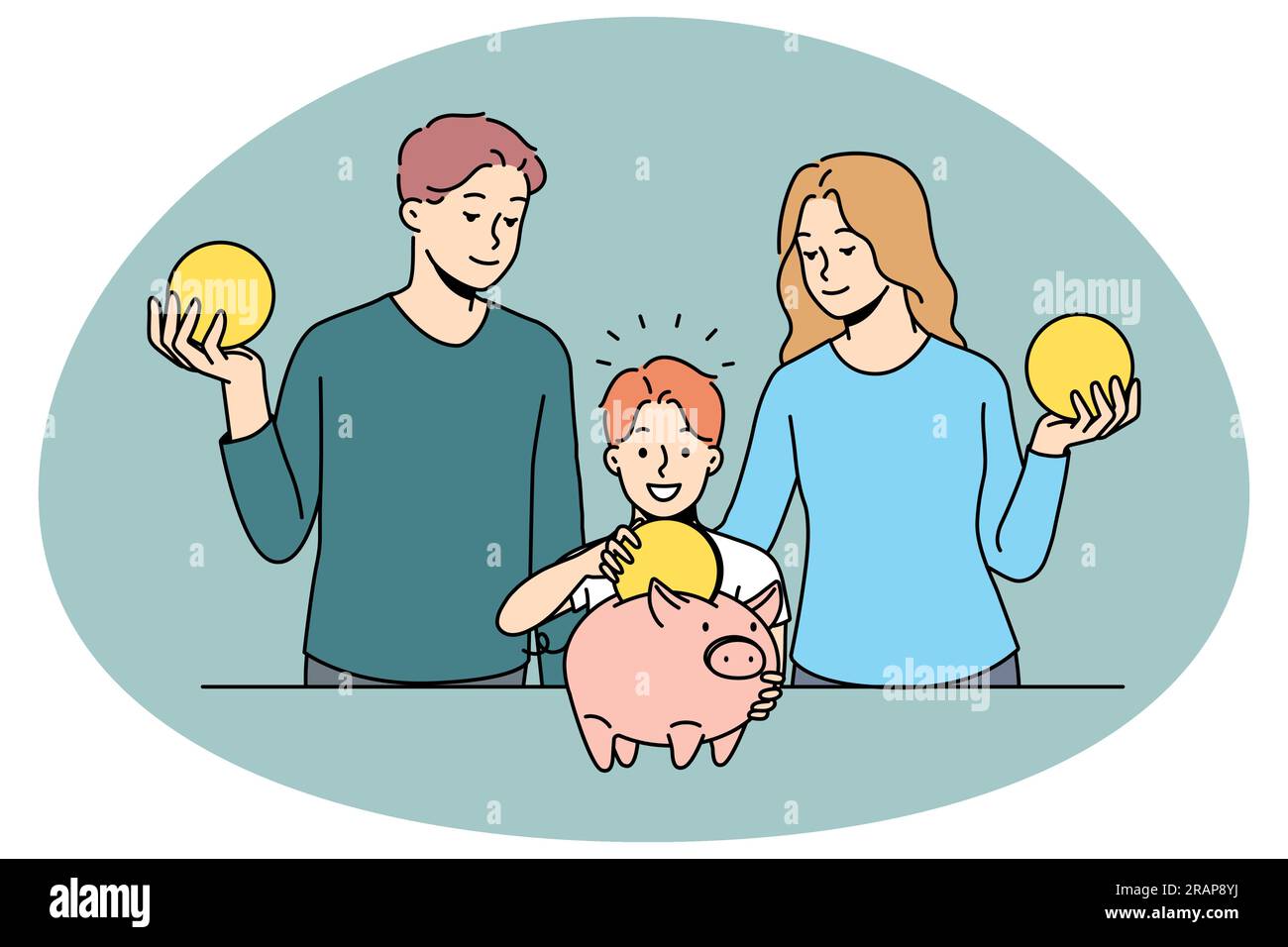 Smiling young family with child put coin into piggybank. Happy parents ...