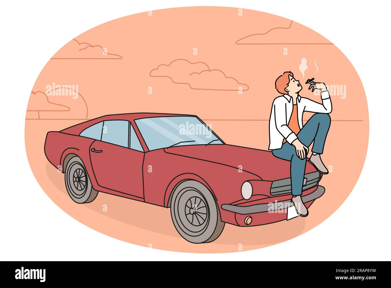 Cool young man sitting on retro car smoking. Guy relaxing near vintage ...