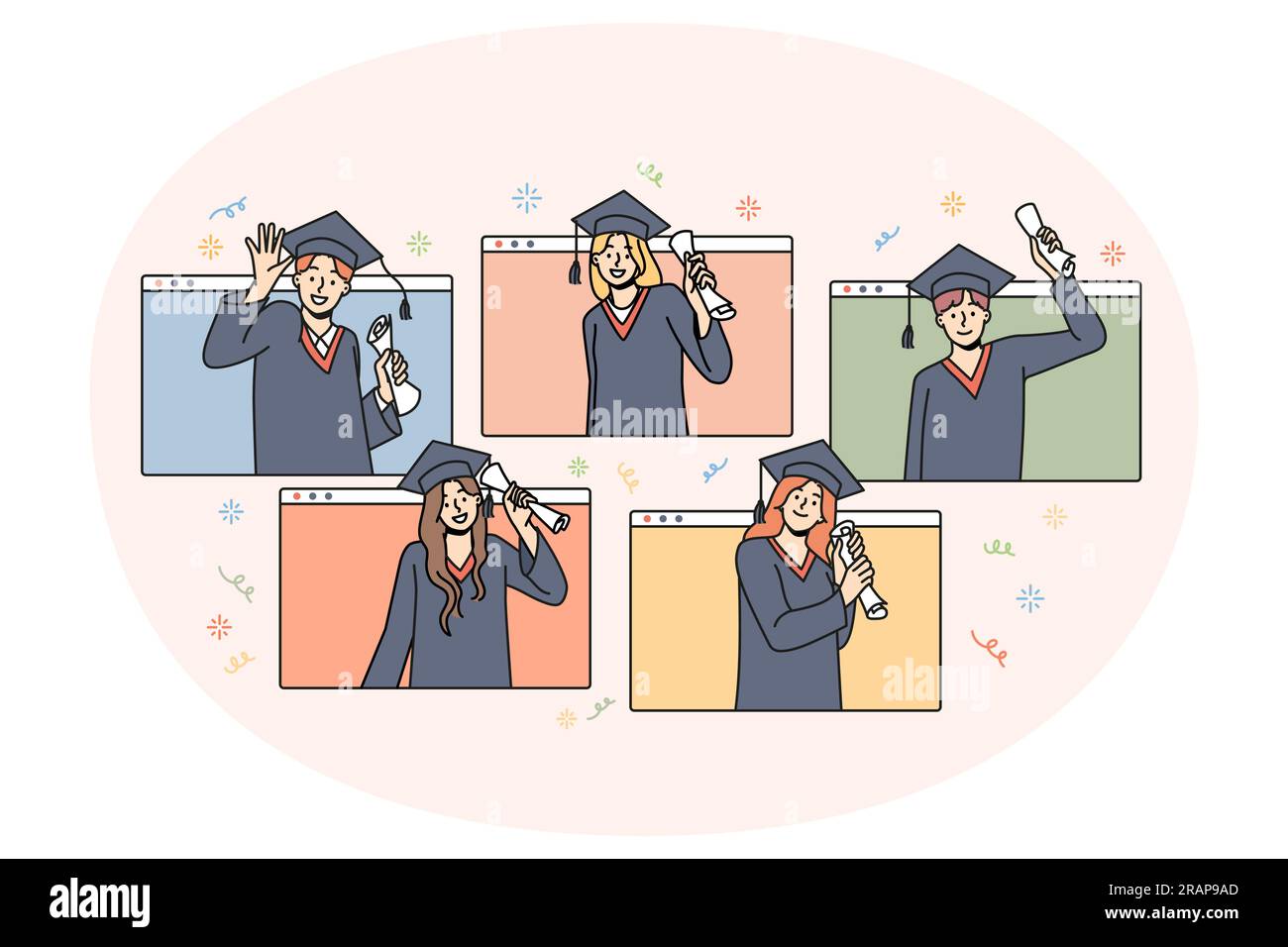 Happy students in mantles celebrate college graduation with online ...