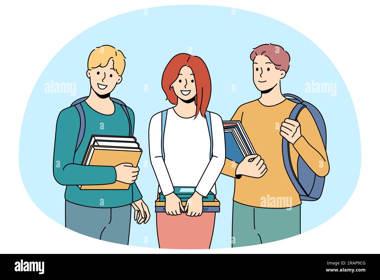Portrait of smiling students with book and backpacks satisfied with ...