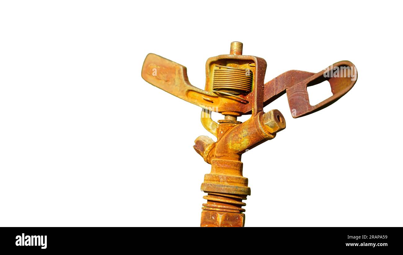 Closeup of metal sprinkler isolated on white background. Water ...