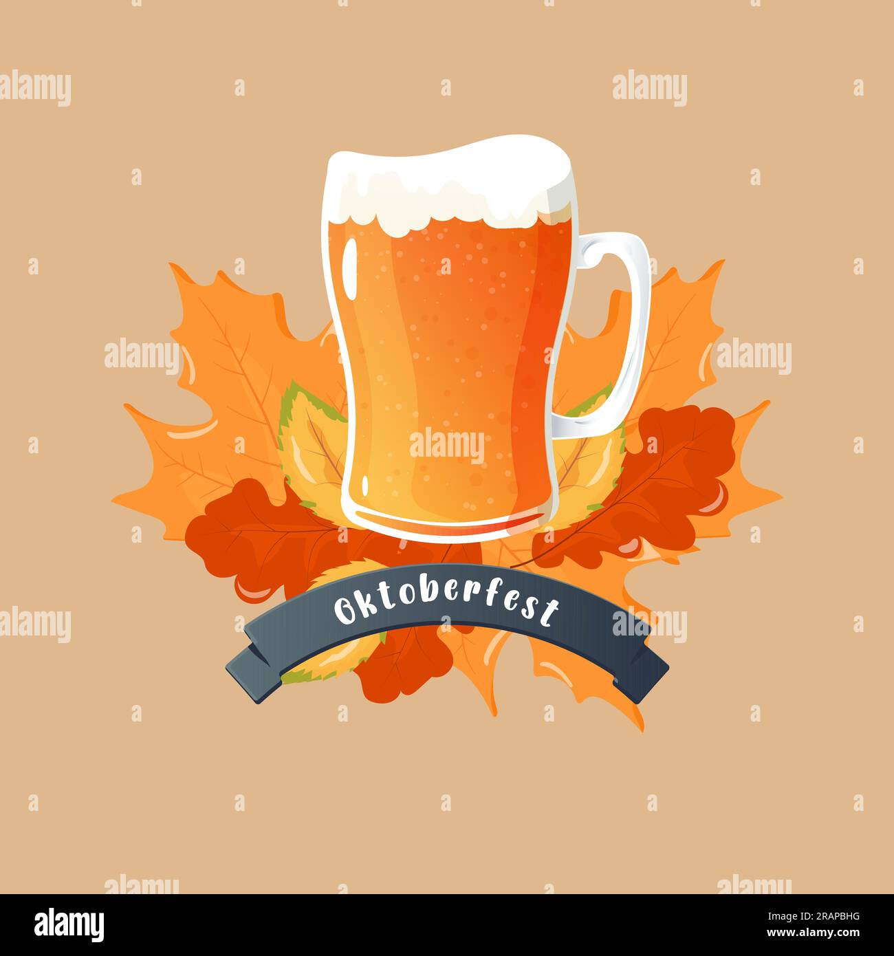 a mug of beer against a backdrop of leaves Oktoberfest. Vector ...