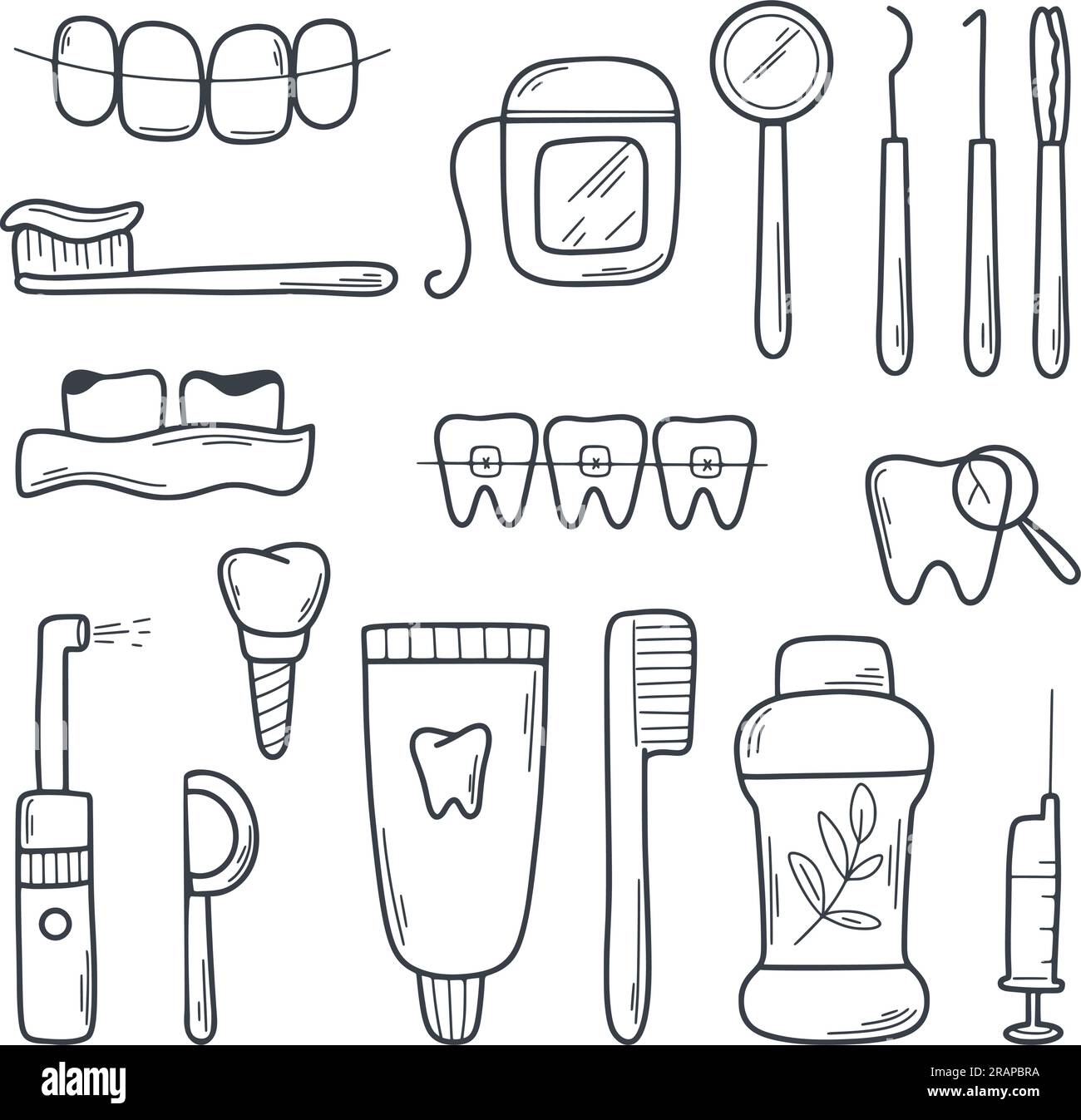 Dentistry set doodle icon. Oral health symbols. Dental instruments ...