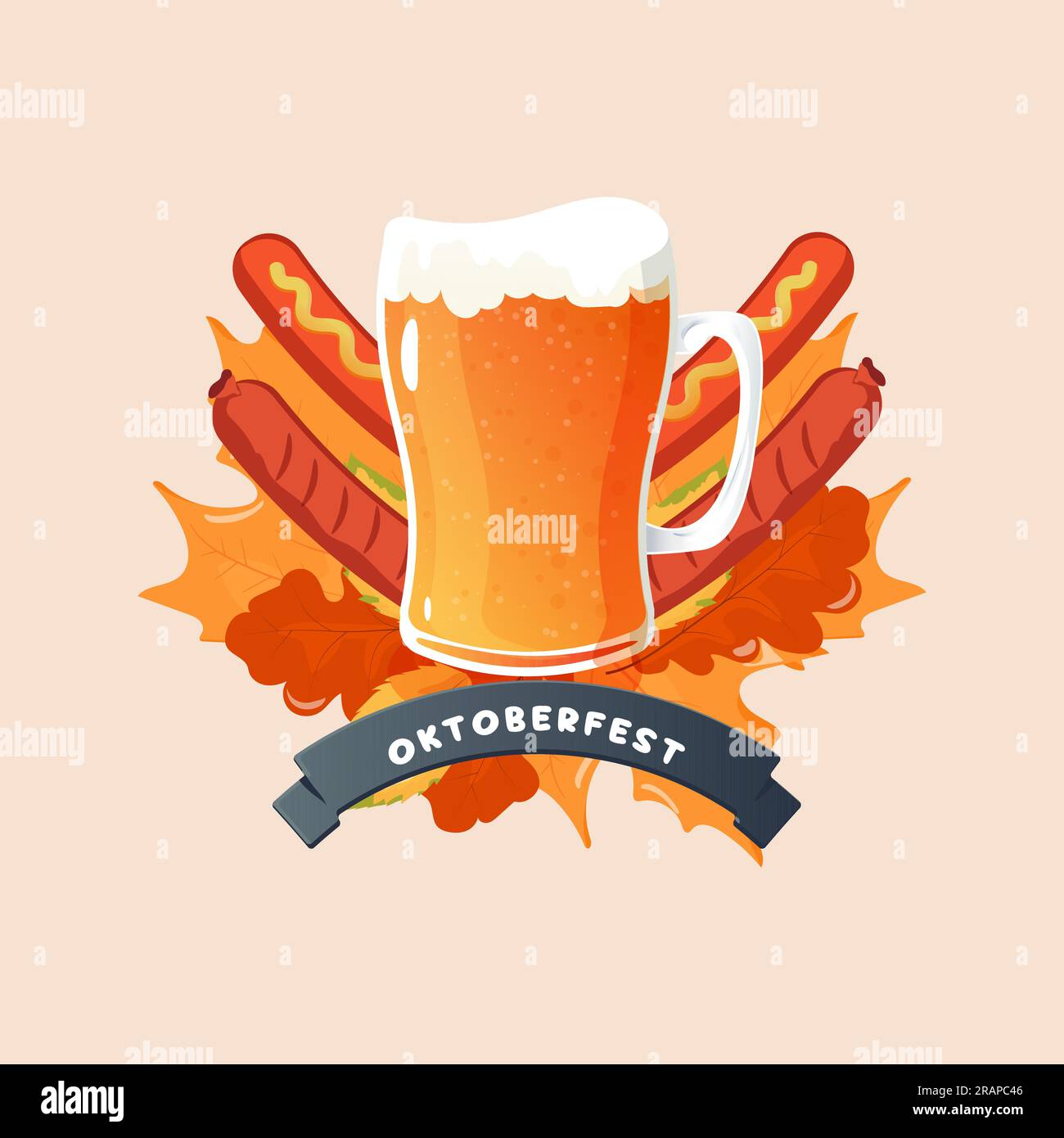 octoberfest emblem beer, sausage and leafy background. Vector ...