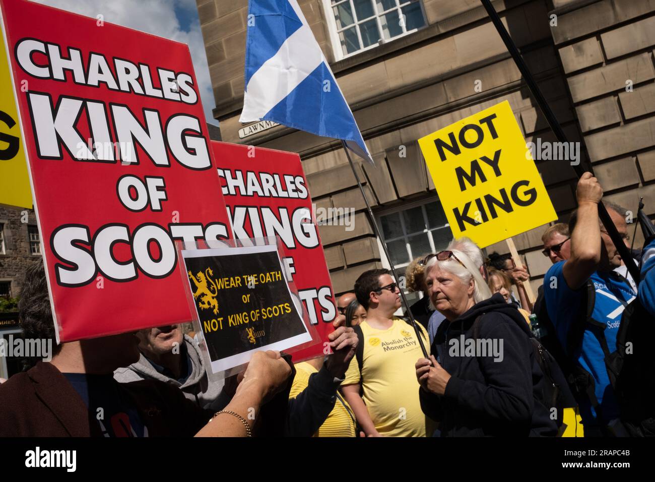 Edinburgh, Scotland, 5th July 2023. ÔNot My KingÕ placards held aloft ...