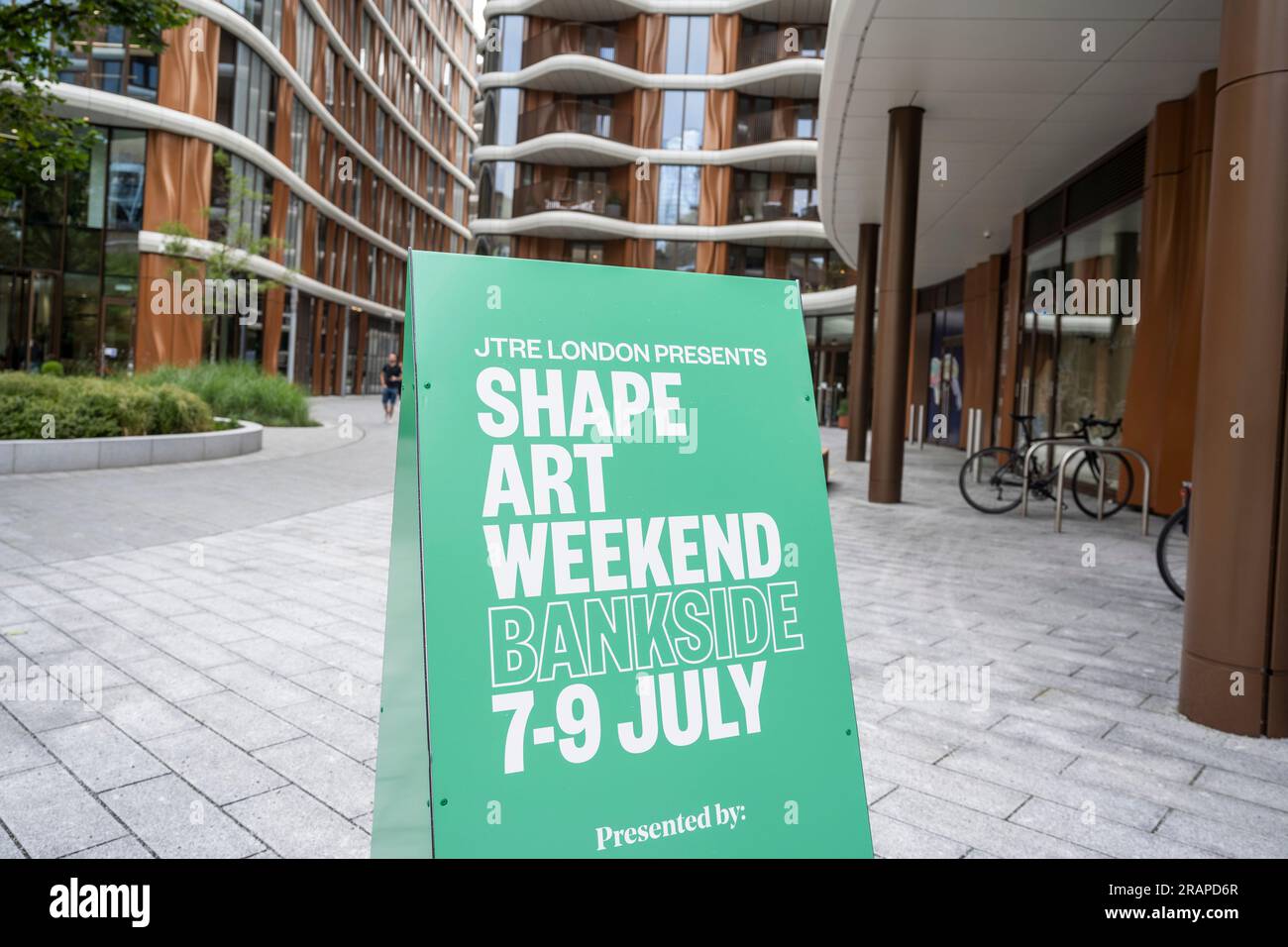 London, UK. 5 July 2023. A sign promoting Shape Art Weekend outside ...
