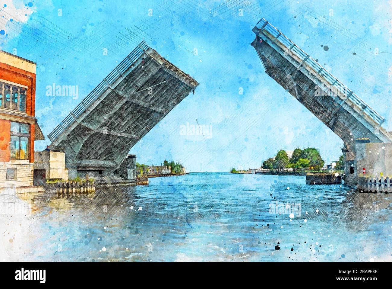 Digitally created watercolor painting of the Alpena drawbridge raised ...
