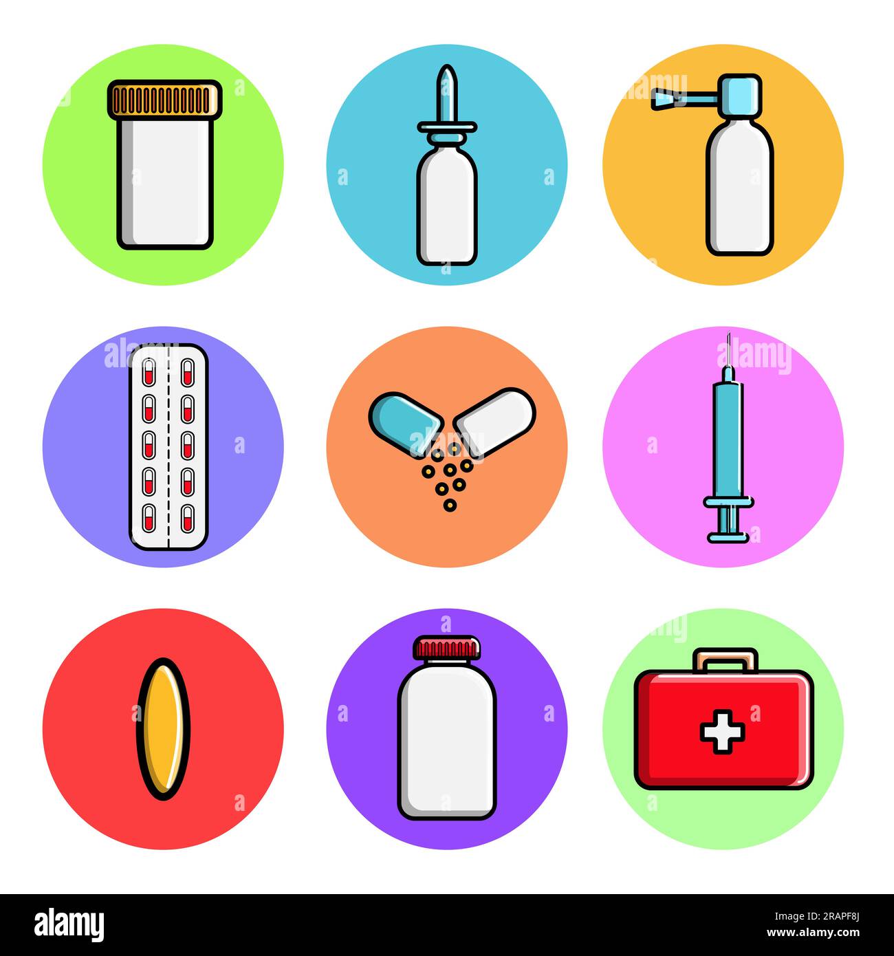 Set of medical round icons, medical equipment items jar, drops, spray ...