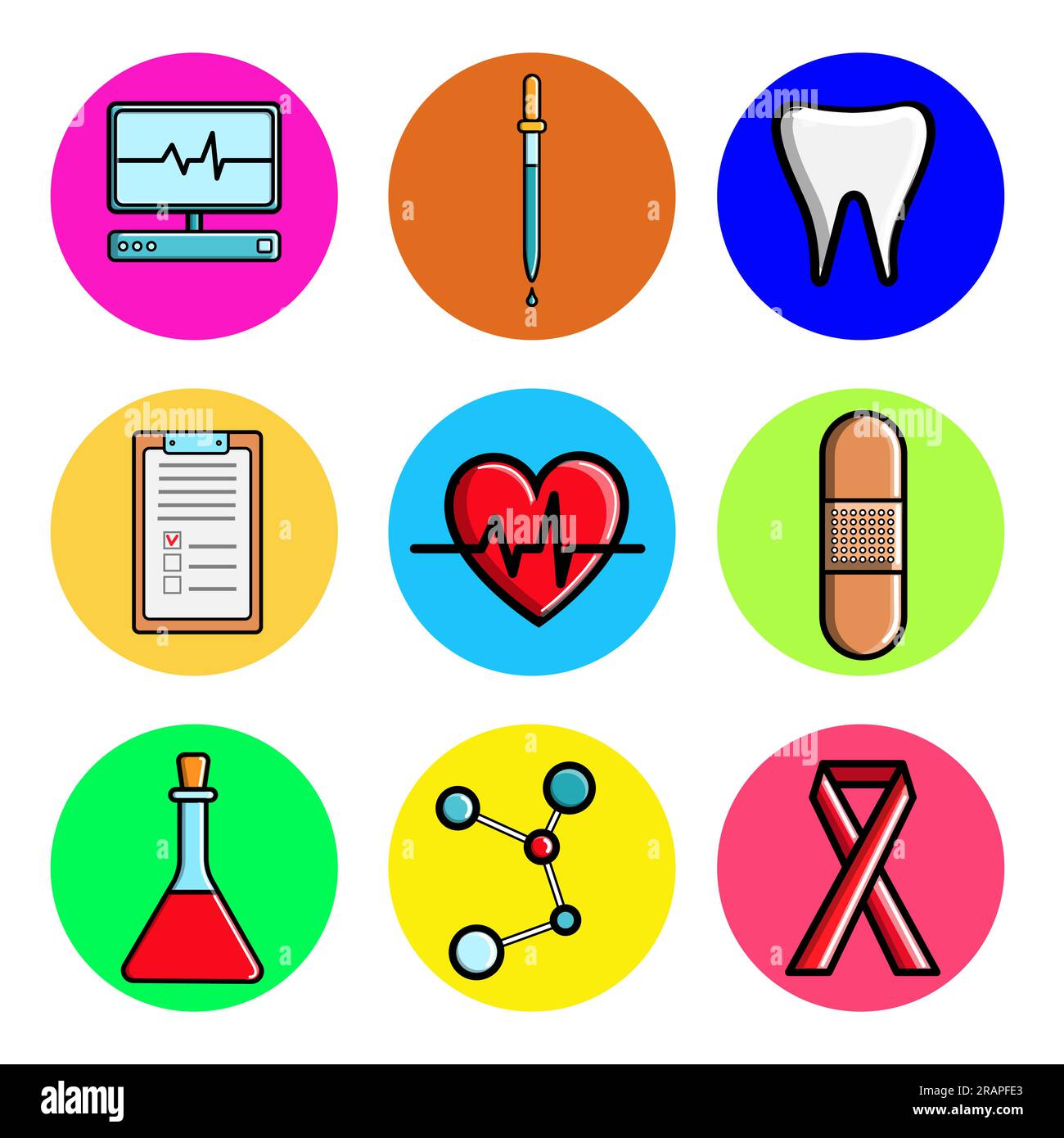 Set of medical round icons, medical equipment items monitor, computer ...