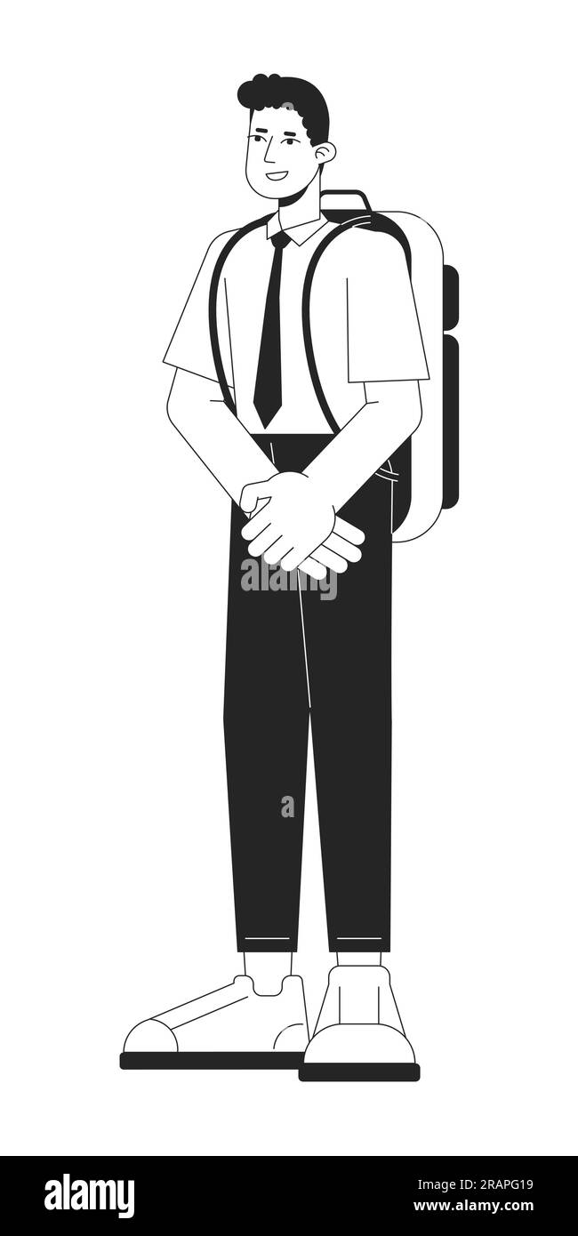 Teen boy in school uniform flat line black white vector character Stock ...