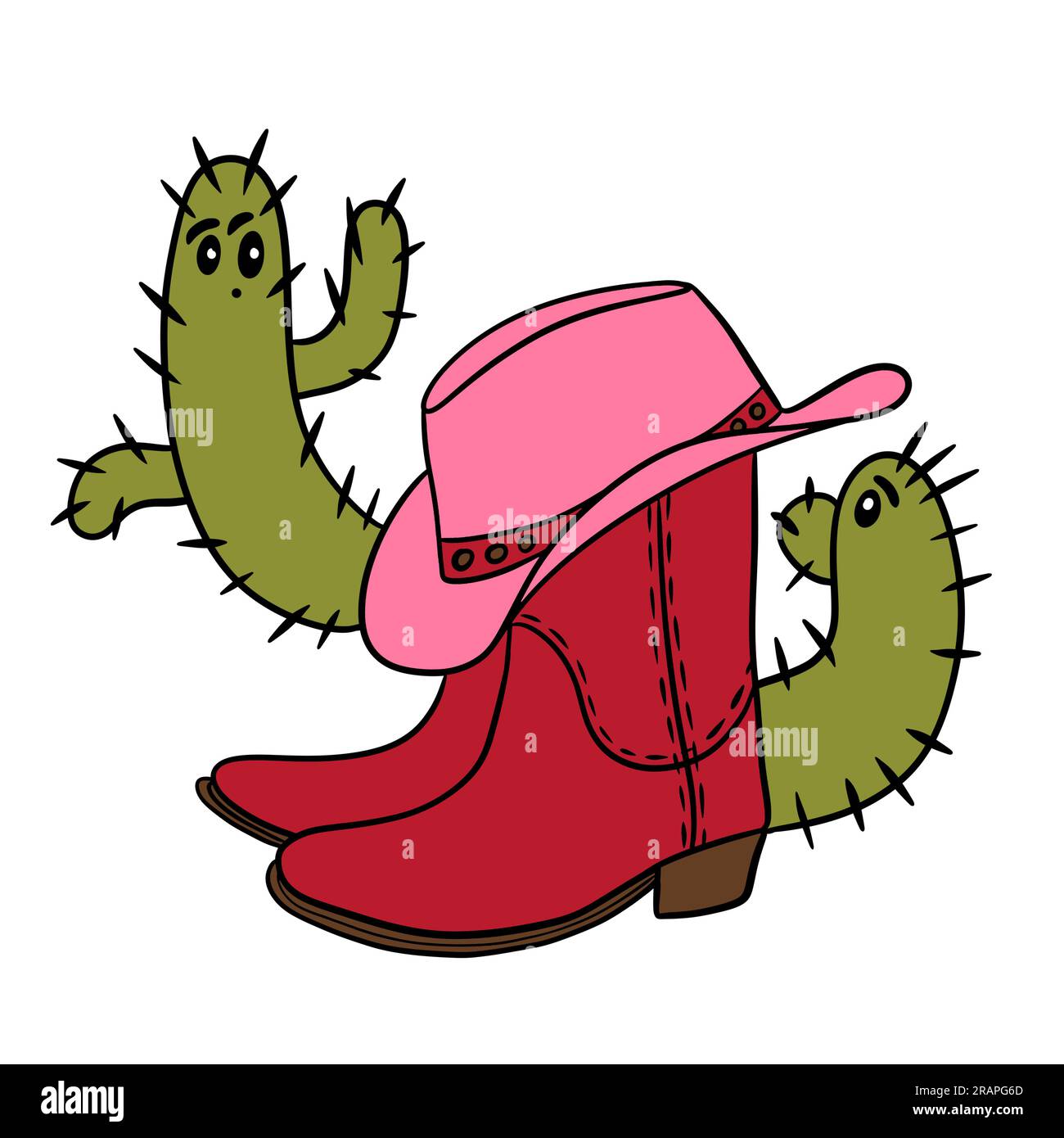 Hand drawn illustration of red cowboy cowgirl boots pink hat green ...