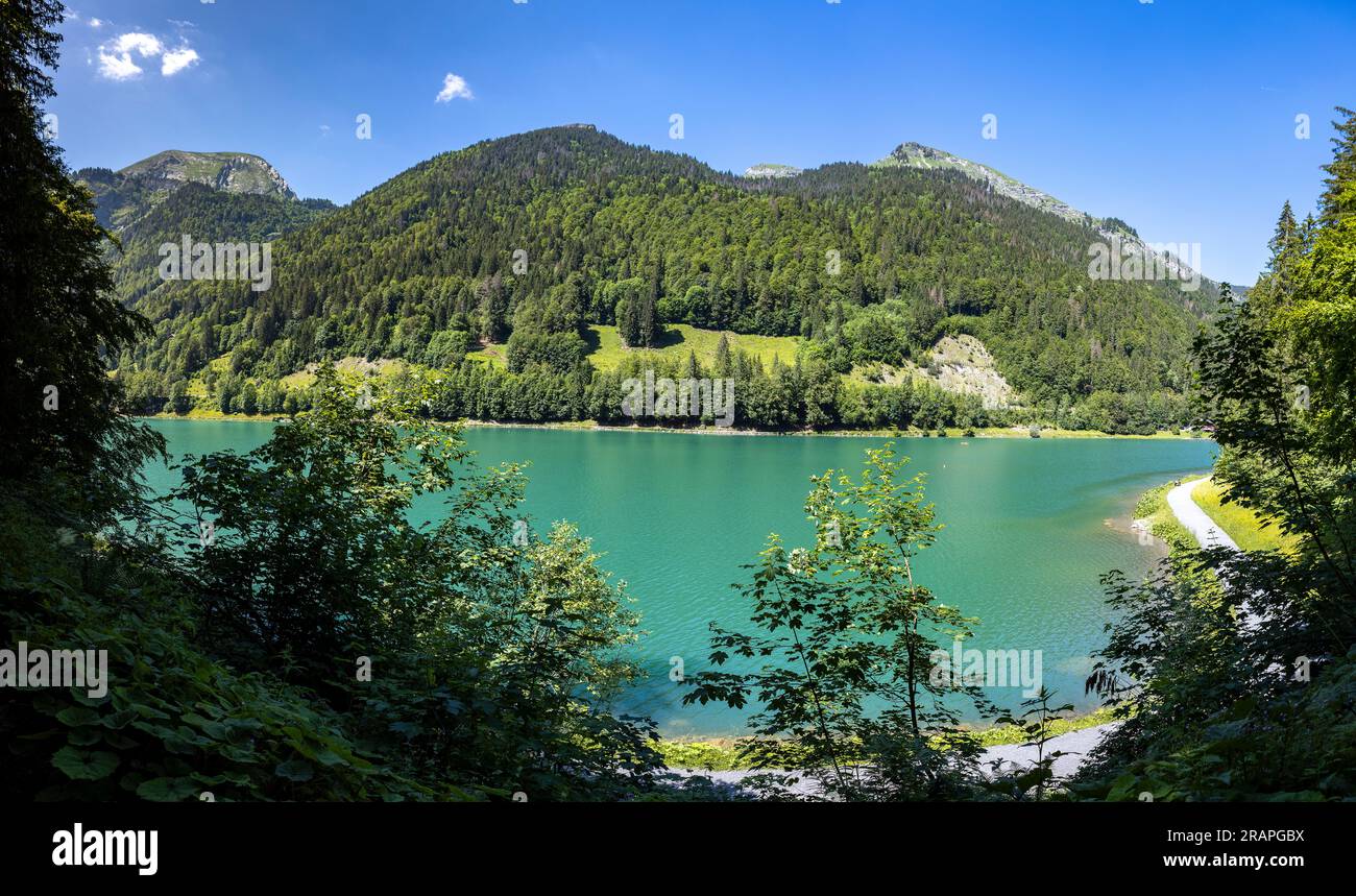 Lac Montriond seen from above. Aerial of French Alps mountain range ...