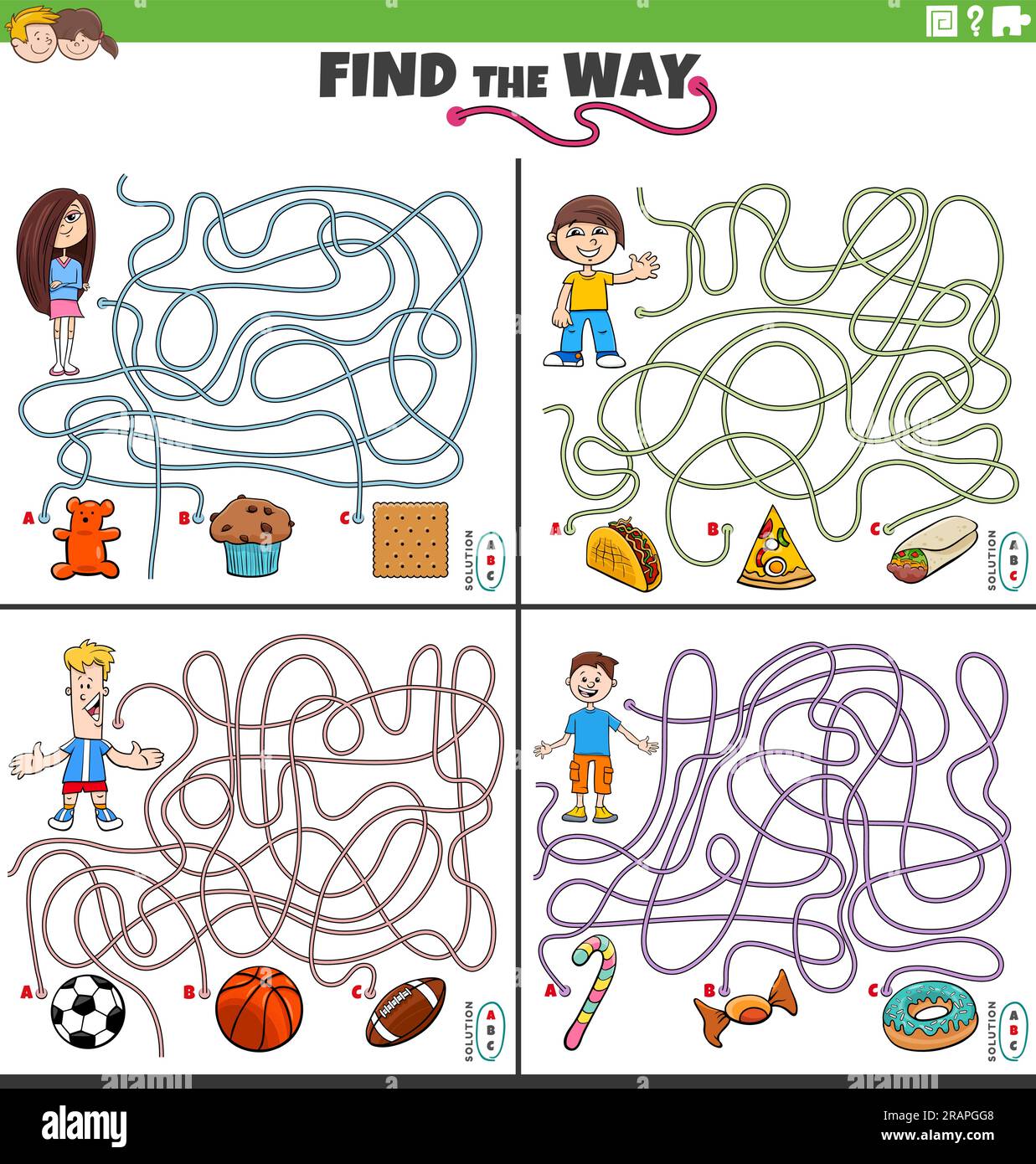 Cartoon illustration of find the way maze puzzle games set with comic ...