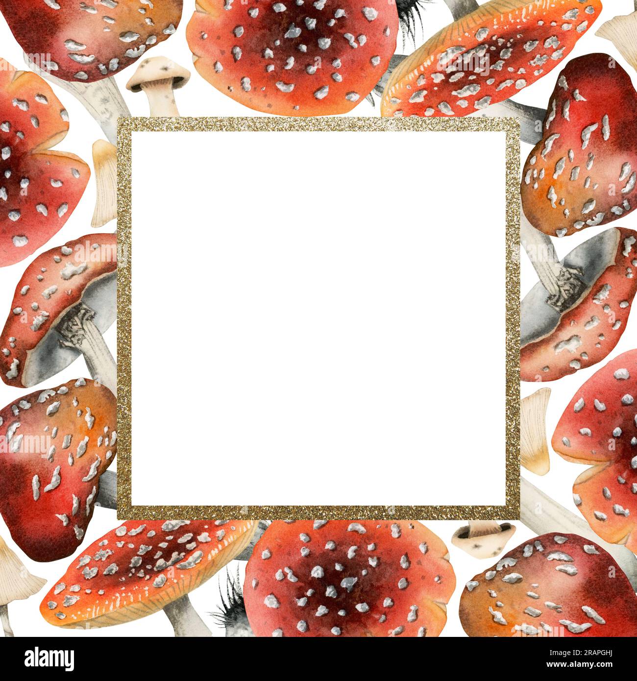 Square red fly agarics mushrooms frame with gold border watercolor ...