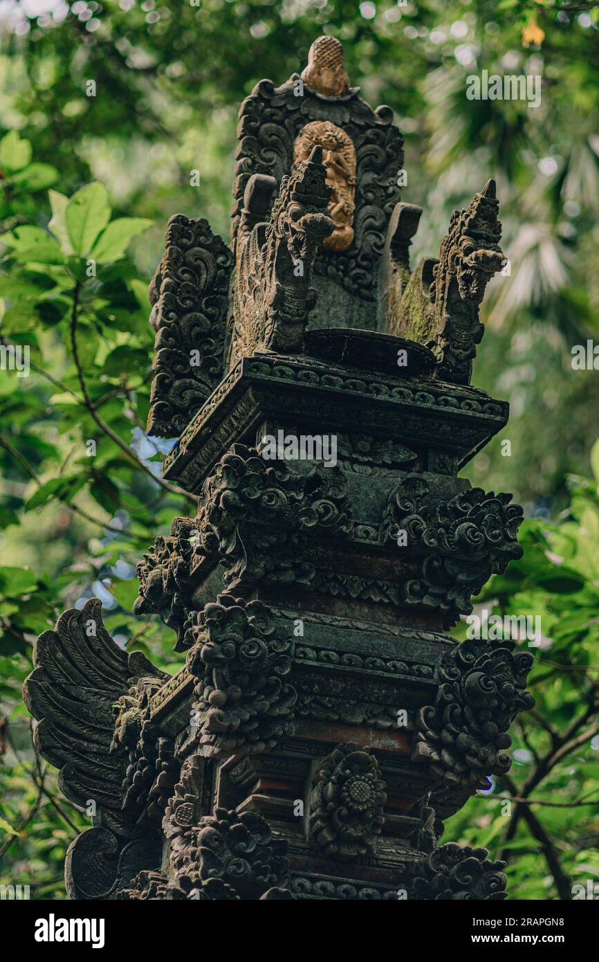 Close up shot of temple sculpture in sacred monkey forest on green ...