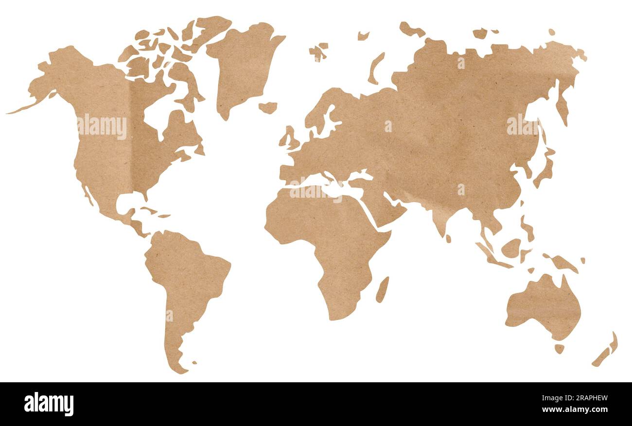 World map from brown craft paper on a white isolated background, the ...