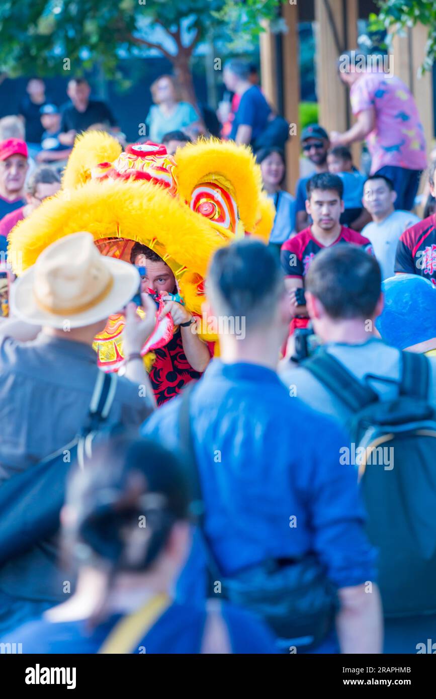 A Chinese Dragon with mouth open and face visible, moving through a ...