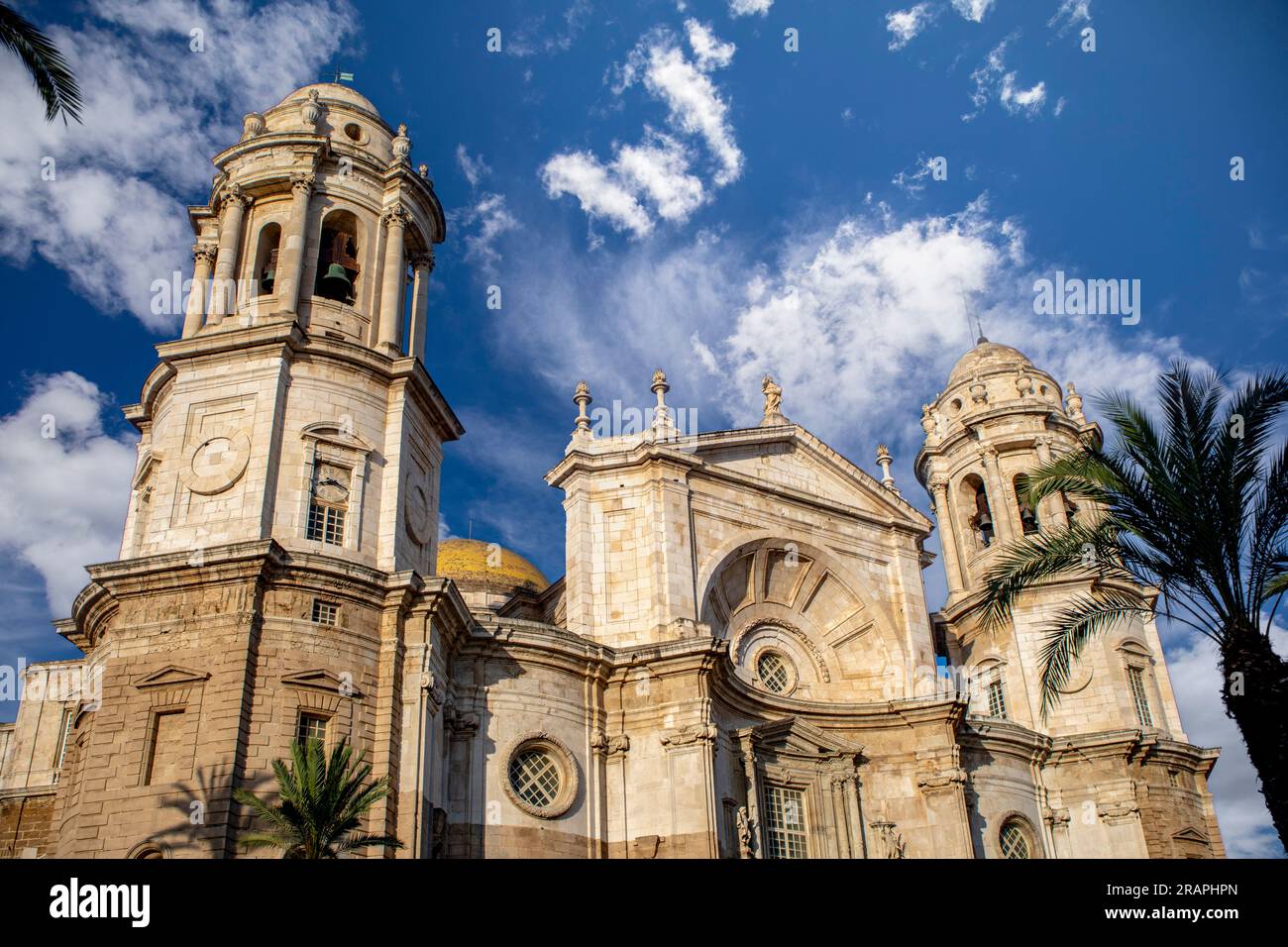 View of the beautiful baroque facade of the Cathedral of Cadiz ...
