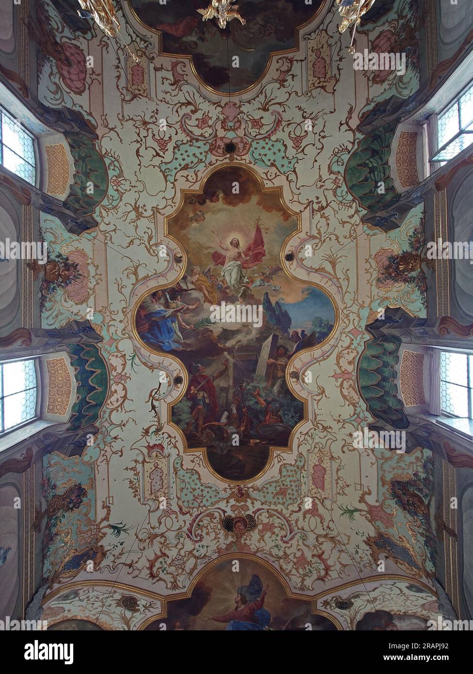 Catholic monastery or abbey ceiling with mural paintings.Wide-angle ...