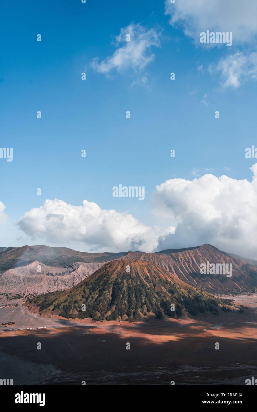 Landscape view of bromo volcano with cloudy sky. Misty bromo tengger ...