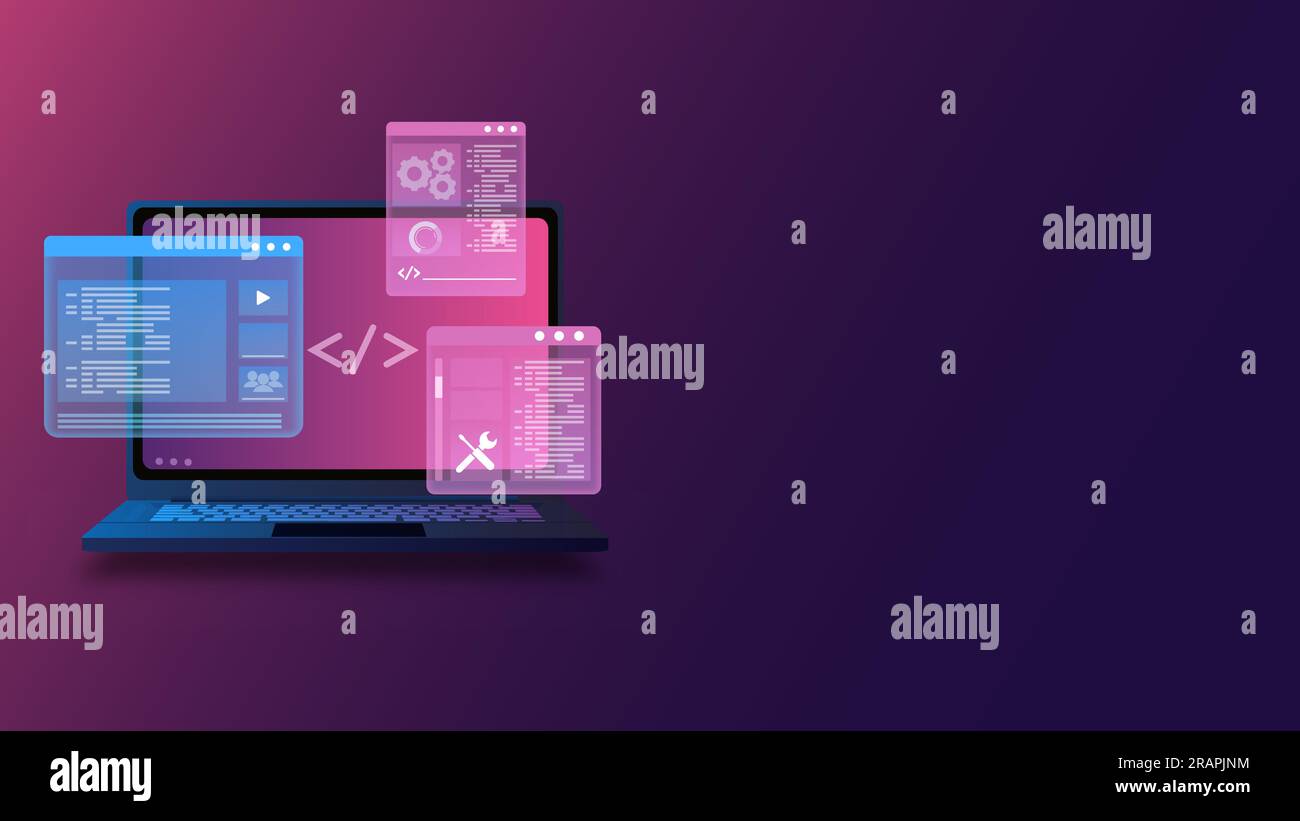 Computer Programing Coding Web Development With Isometric Laptop Displaying Futuristic Ui