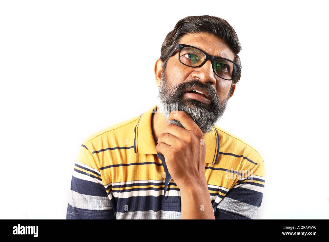 Portrait of an Indian bearded man wearing specs and t-shirt. Funky ...