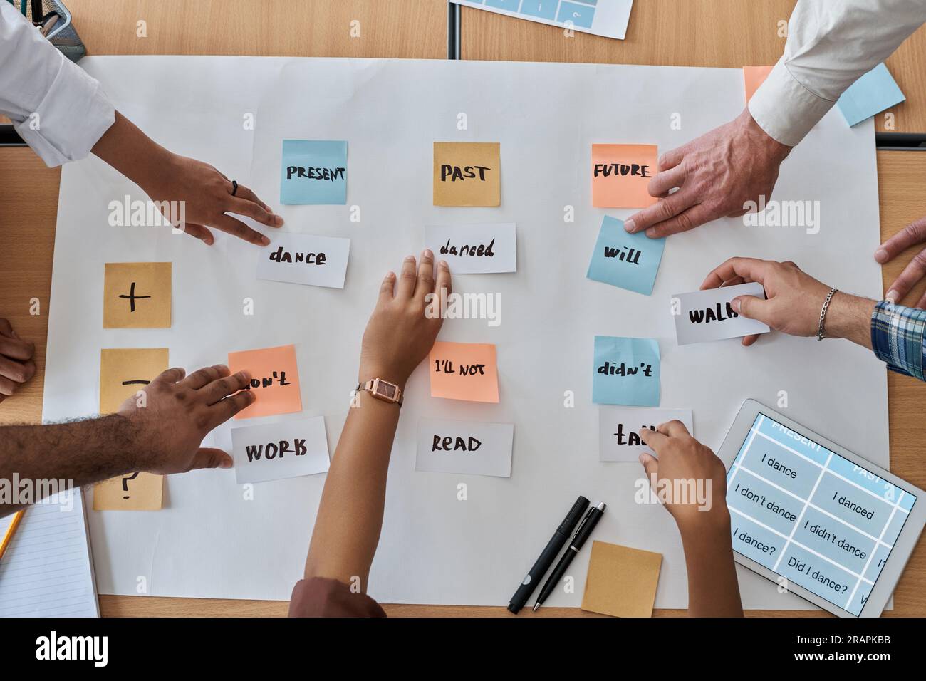 Top view of group of students learning English words together with ...