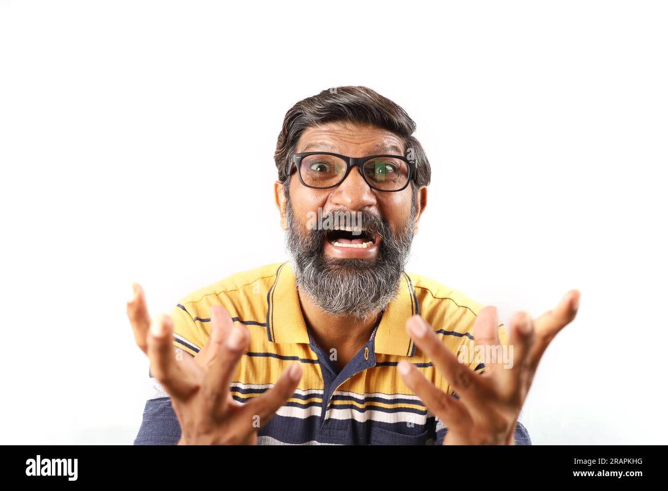 Portrait of an Indian bearded man wearing specs and t-shirt. Funky ...