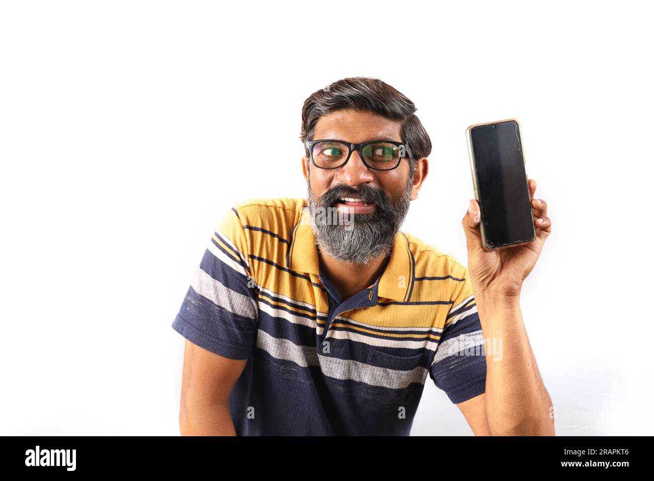 Portrait of an Indian bearded man wearing specs and t-shirt. Funky ...