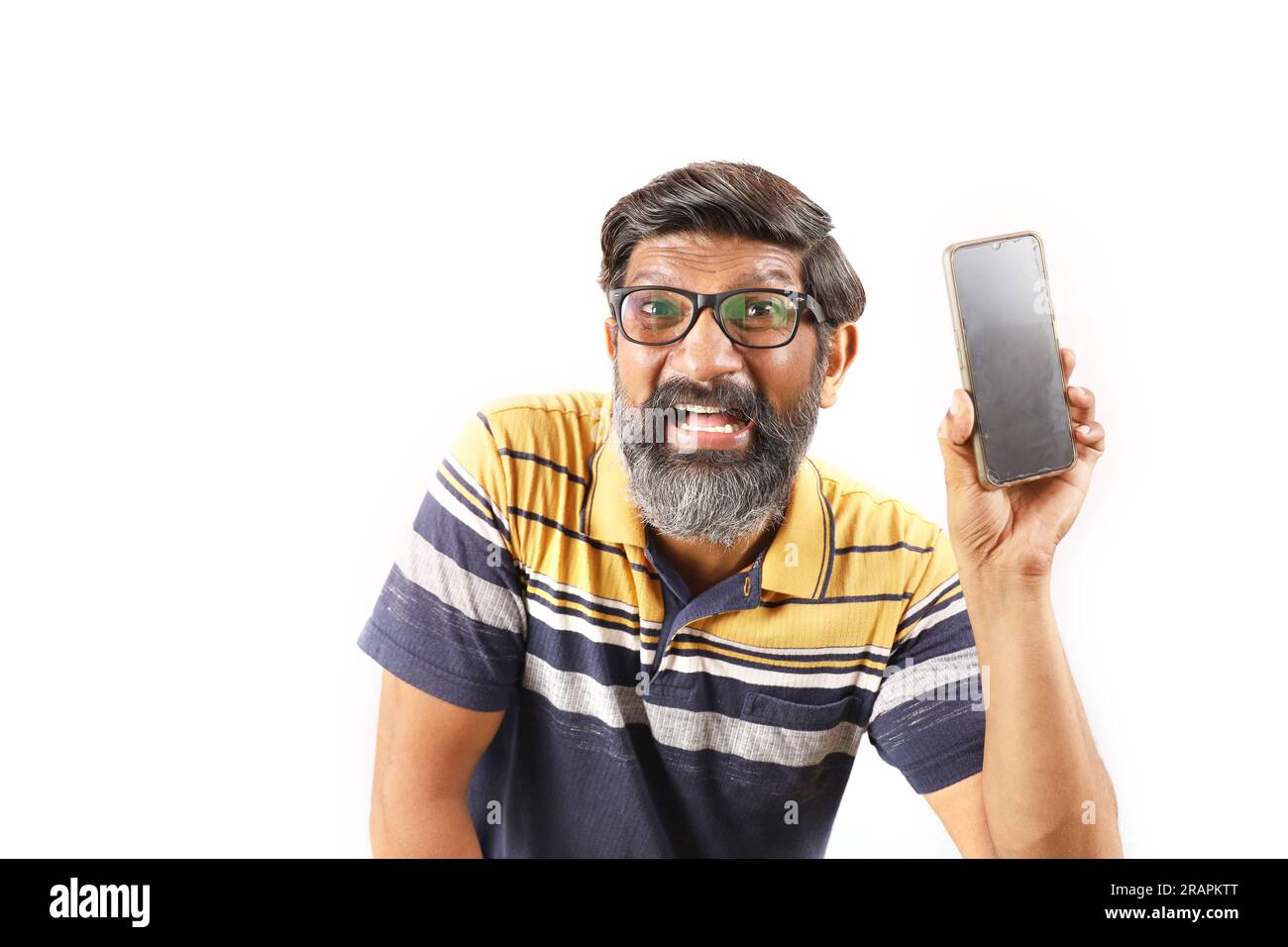 Portrait of an Indian bearded man wearing specs and t-shirt. Funky ...