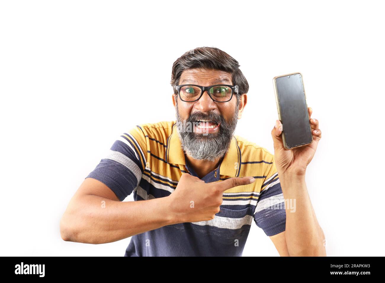 Portrait of an Indian bearded man wearing specs and t-shirt. Funky ...
