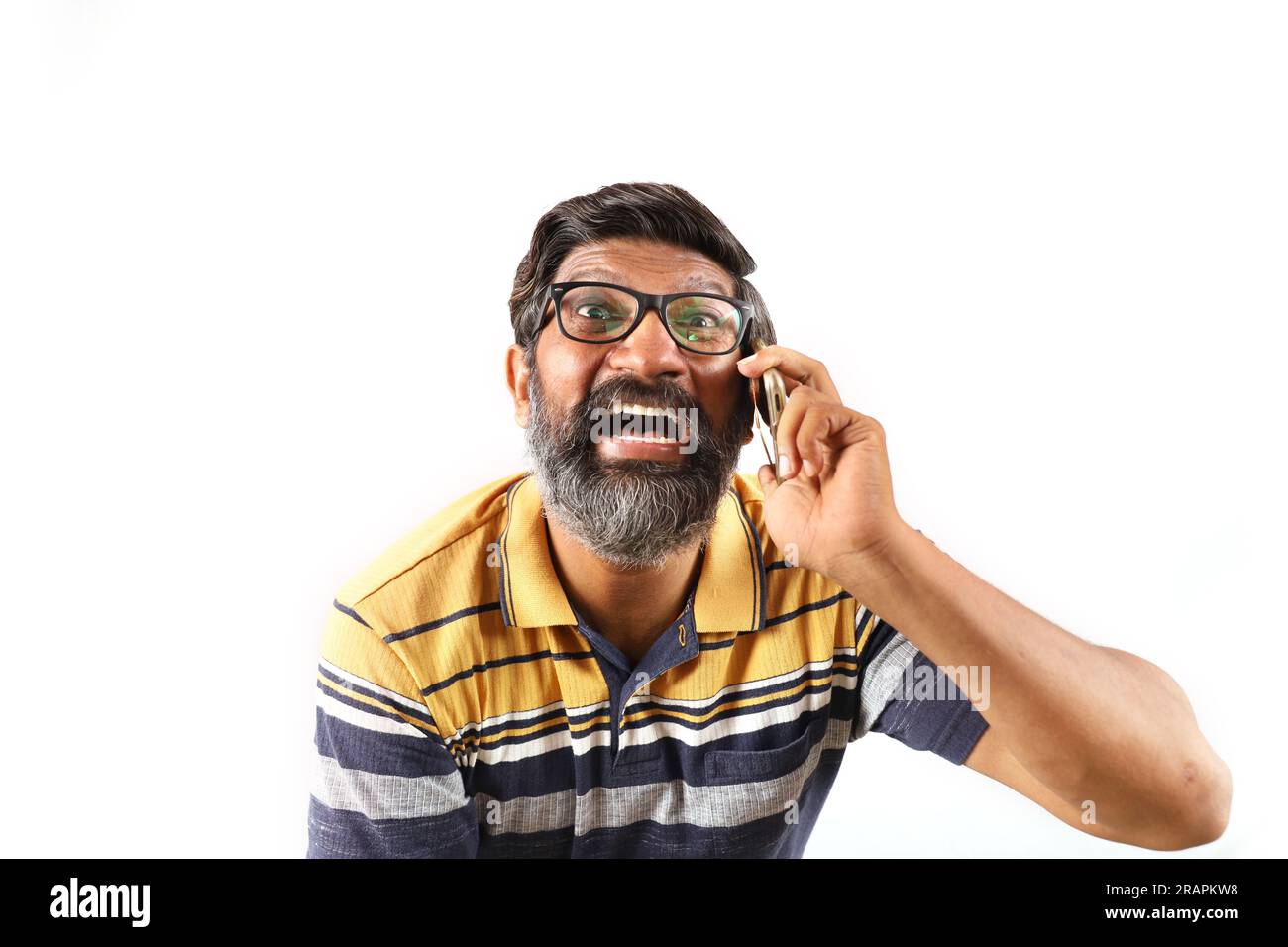 Portrait of an Indian bearded man wearing specs and t-shirt. Funky ...