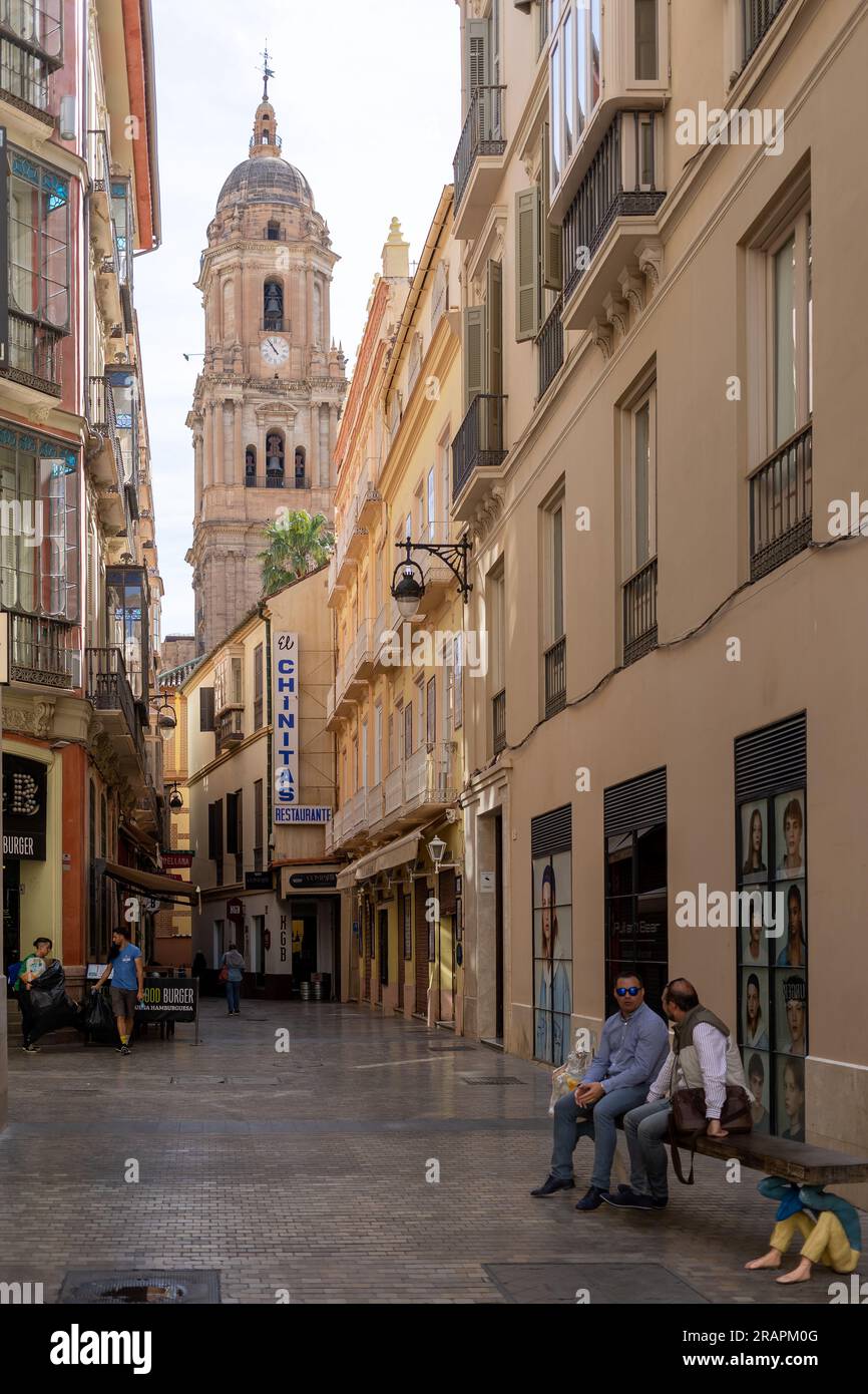 One of the characteristic streets in the historic centre of Malaga with ...