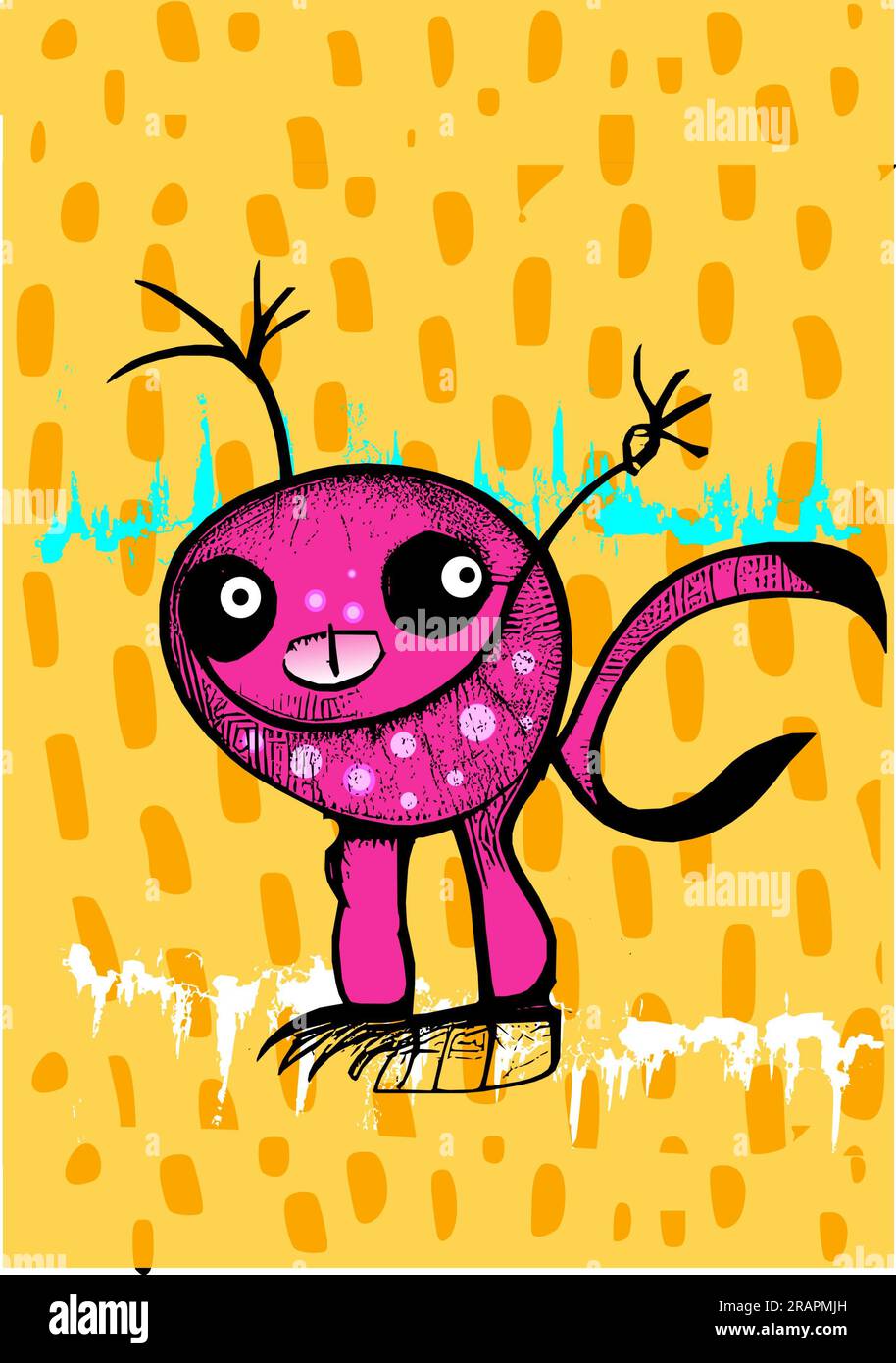 Cute funny whimsical silly pink creature resembling a chicken is having ...