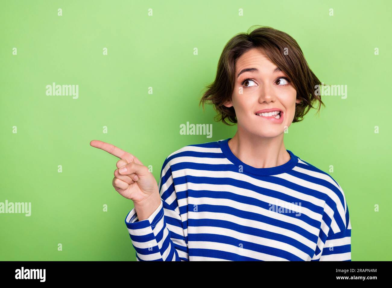 Photo of confused funny woman bob hairstyle sailor shirt look ...