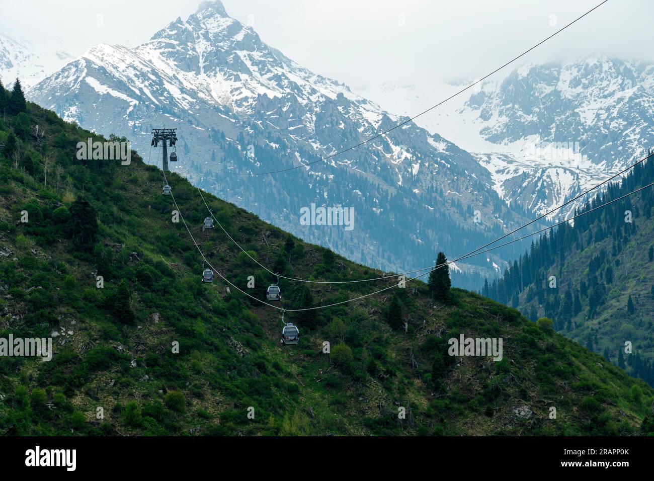 Cable car to Chimbulak. Medeo. It is located in a mountain valley of ...