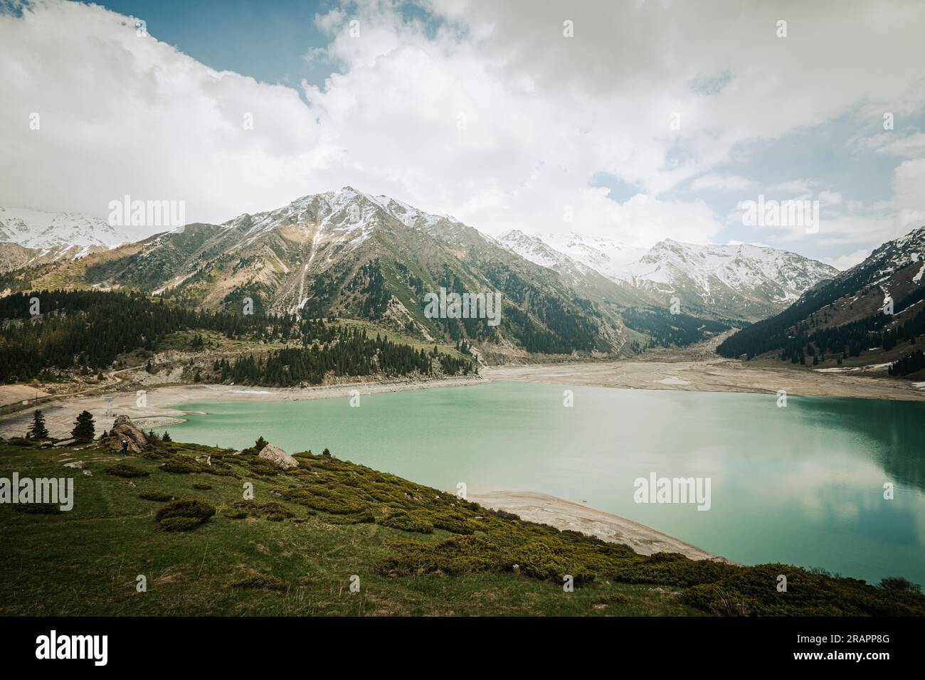 Panorama of spectacular scenic Big Almaty Lake , Tien Shan Mountains in ...