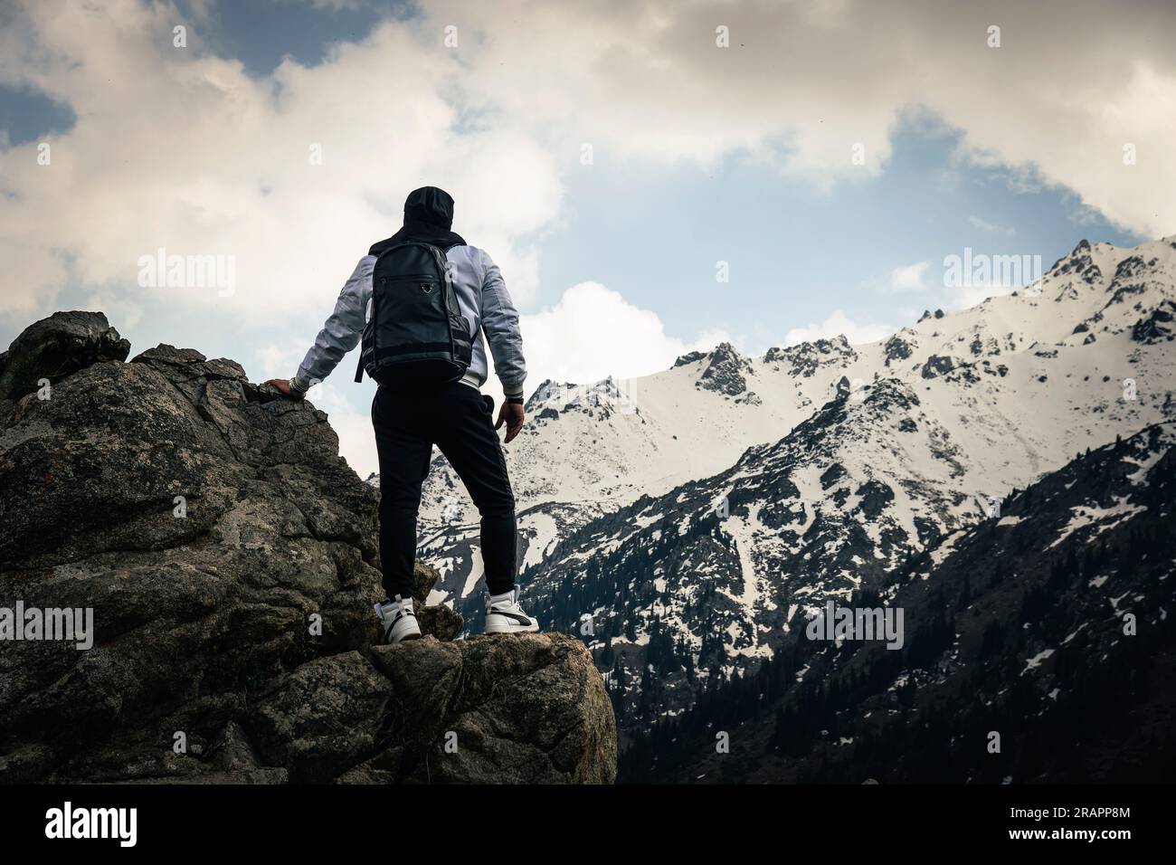 Happy hiker winning reaching life goal, success, freedom and happiness ...